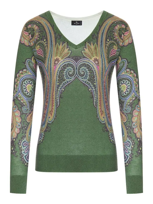 Etro Silk And Cashmere Paisley Print V-neck Sweater - Green
