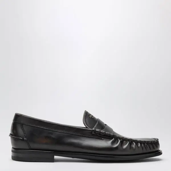 Prada Cognac Aged Leather Loafers - Black