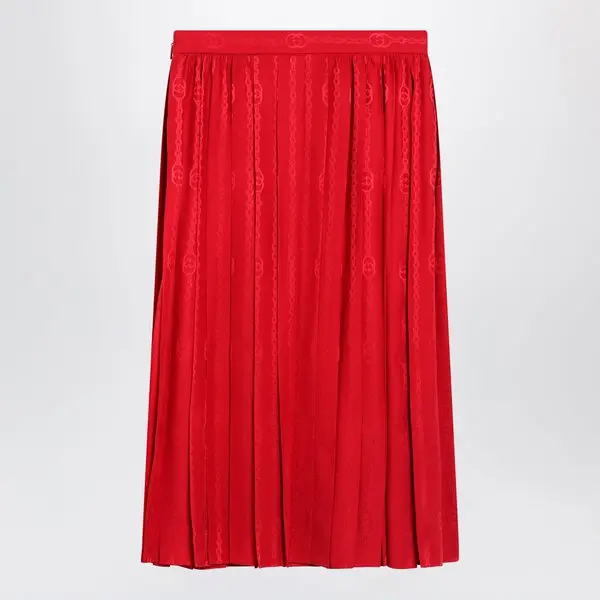 Gucci Pleated Silk Jacquard Midi Skirt With Gg Chain - Red