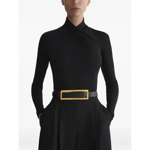 MUGLER Long Sleeve Draped High Neck Top - Black