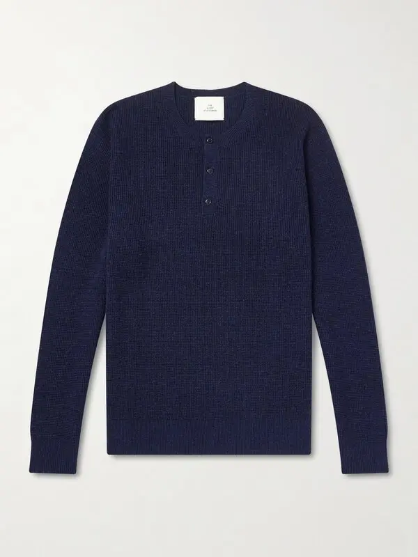 THE ELDER STATESMAN Waffle-knit Cashmere Henley Sweater - Blue