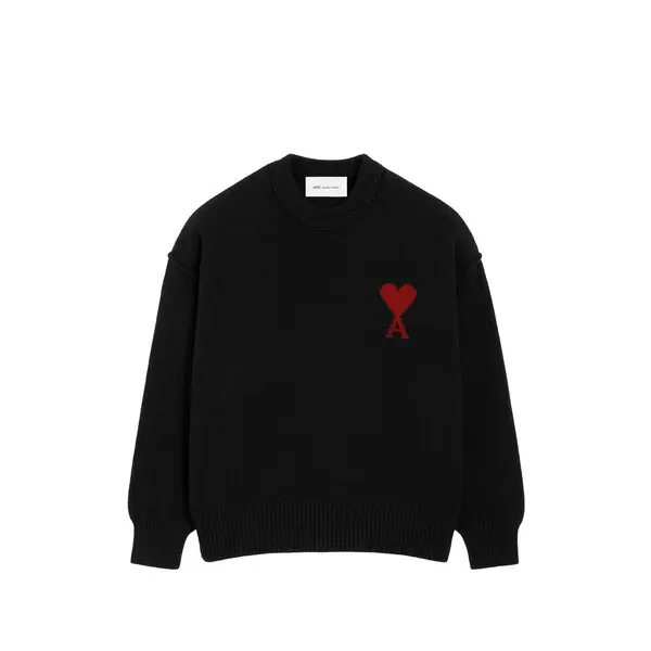 AMI Paris Felted Merino Wool Crew Neck Sweater With De Coeur Intarsia - Black
