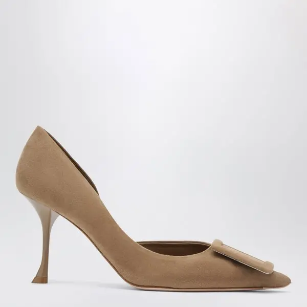 ROGER VIVIER Viv Ville" Suede Dorsay Pumps With Buckle Detail - Cream