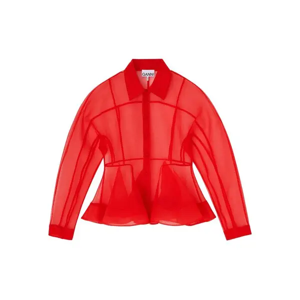 GANNI Sheer Peplum Shirt - Red