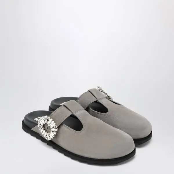 ROGER VIVIER Slidy Viv Suede Mules With Crystal Buckle - Gray