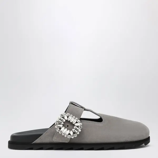 ROGER VIVIER Slidy Viv Suede Mules With Crystal Buckle - Gray
