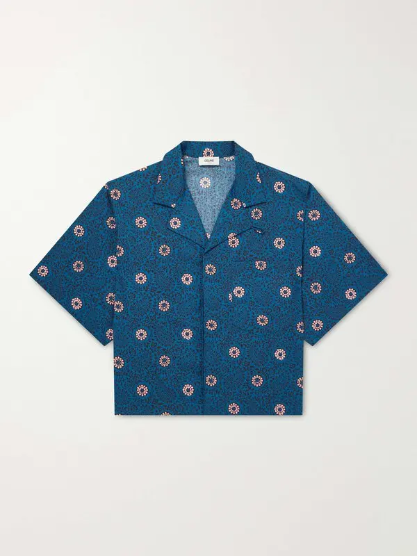Celine Camp-collar Printed Cotton-taffeta Shirt - Blue