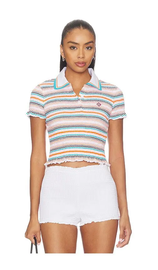 Casablanca Stripe Shirred Polo Top - Multicolour Stripe