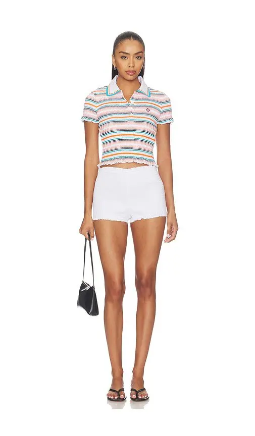 Casablanca Stripe Shirred Polo Top - Multicolour Stripe