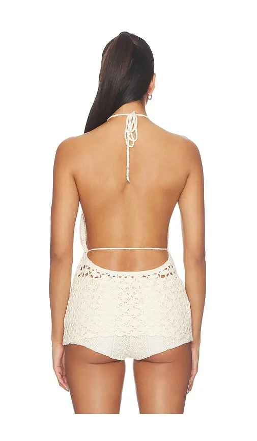 MORE TO COME Alice Tie Front Halter Neck Crochet Knit Top - Ivory