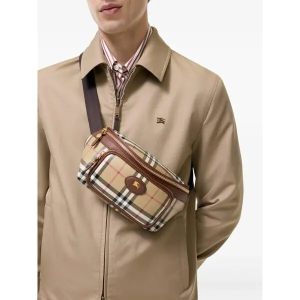 Burberry Check Cotton Belt Bag With Calf Leather Trims - Cream