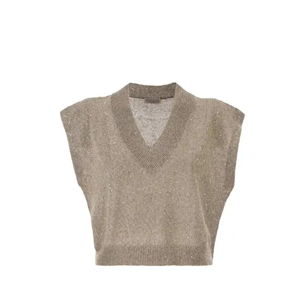 Brunello Cucinelli V-neck Rib-knit Vest With Sequins - Cream