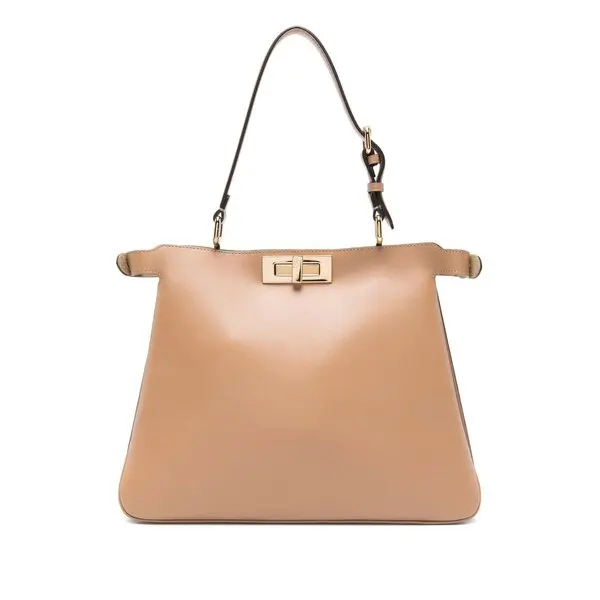Fendi Calf Leather Turnlock Tote Bag - Brown