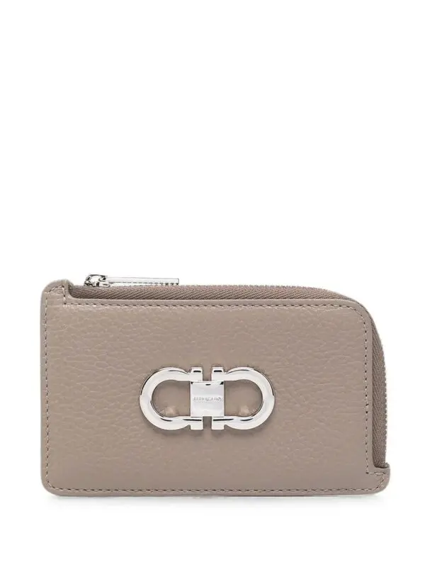 FERRAGAMO Gancini Card Holder With Zip - Gray