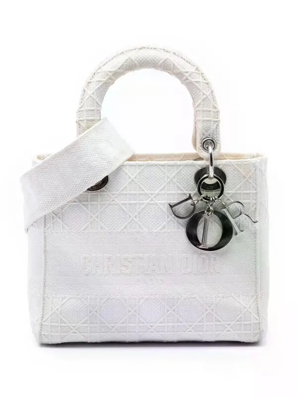 Dior Canvas Cannage Lady D Lite Satchel - White