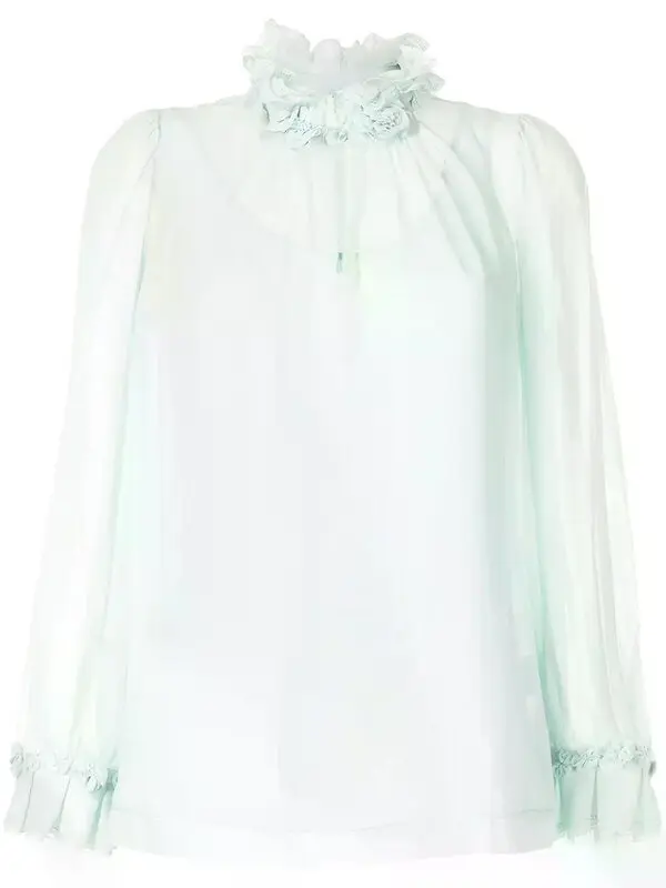 Shiatzy Chen Mulberry Silk Frilled High Neck Blouse