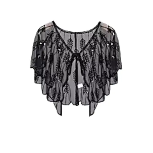 Saachi Sequin Leaf Embellished Capelet - Black
