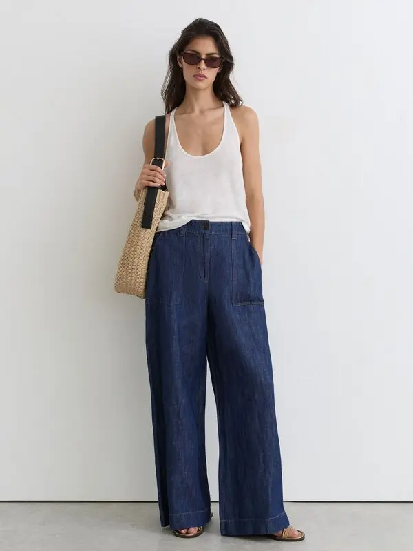 REISS Ashby Petite Linen Wide-leg Trousers - Indigo