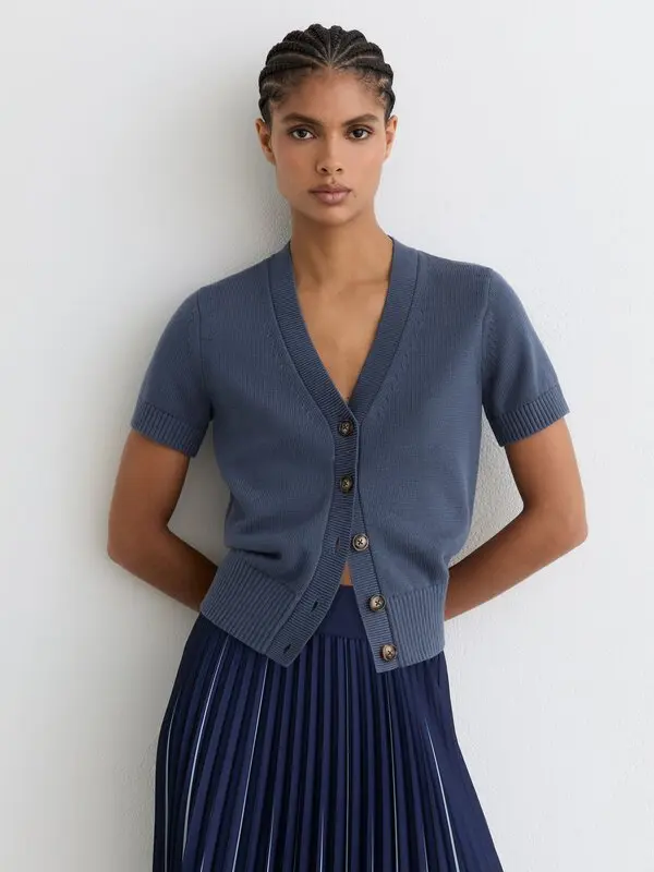 REISS Anya V-neck Short-sleeve Cardigan Cotton-wool - Blue