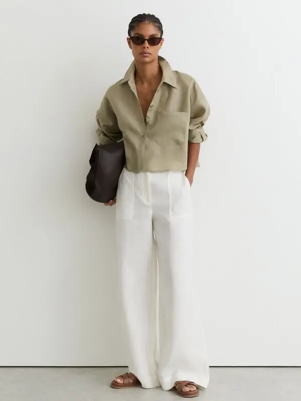 REISS Solena Linen Oversize Cropped Shirt