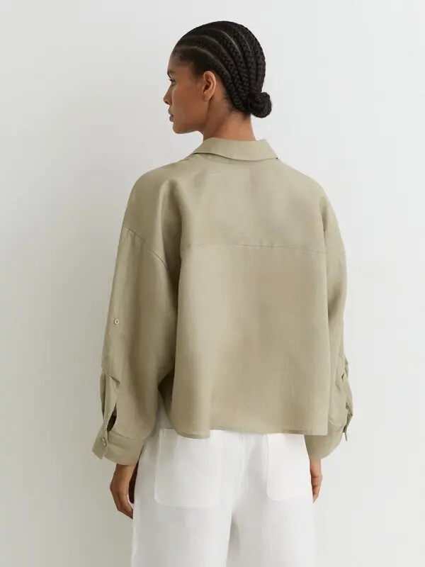 REISS Solena Linen Oversize Cropped Shirt