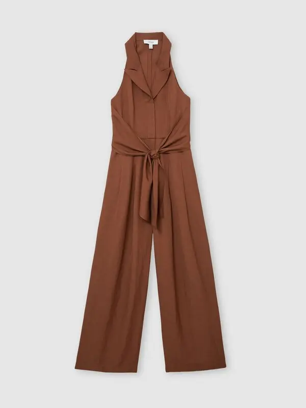 REISS Taya Sleeveless Wide-leg Jumpsuit With Linen - Rust Orange