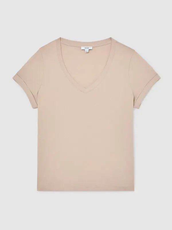 REISS Luna Brushed-cotton V-neck T-shirt - Camel