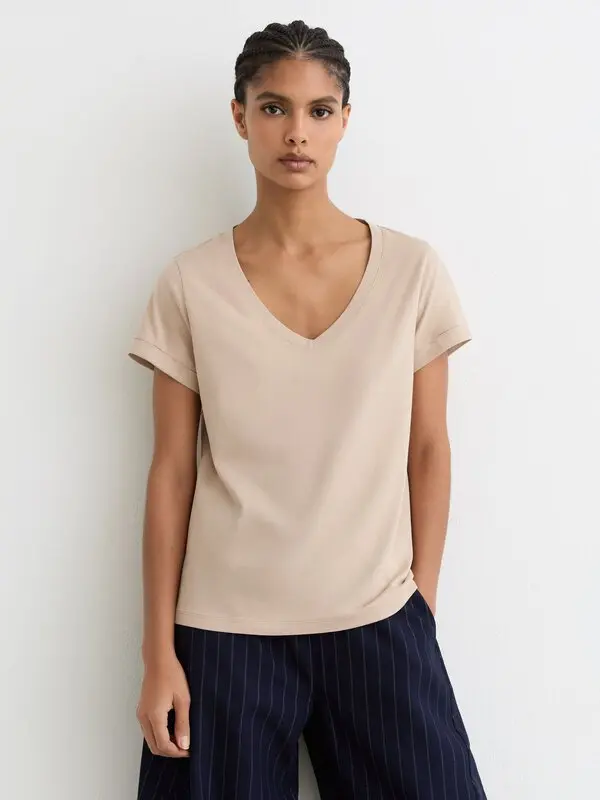REISS Luna Brushed-cotton V-neck T-shirt - Camel