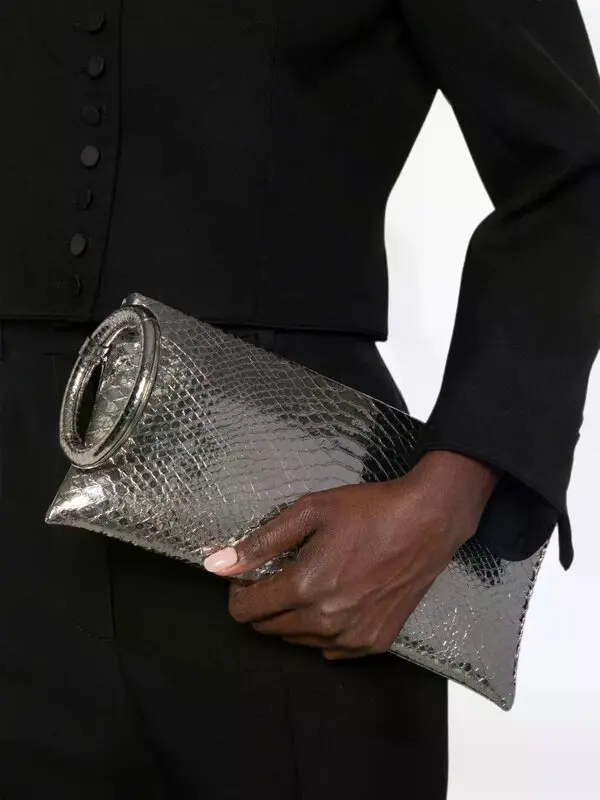 TOM FORD Laminated Snakeskin-effect Clutch Bag With Metal Ring Handle - Silver