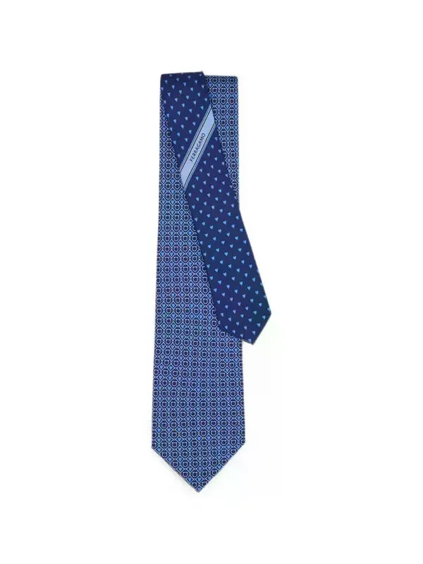 FERRAGAMO Gancini And Hearts Print Silk Tie - Blue