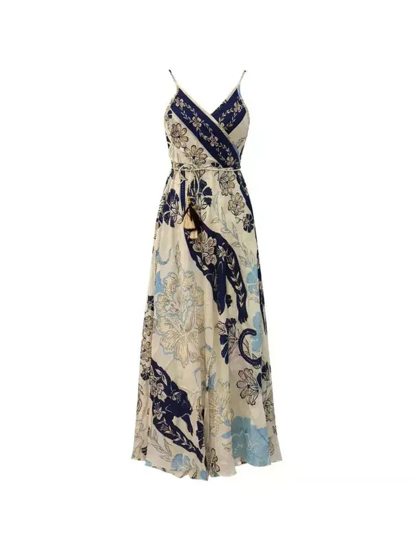 PAHIESA FORMENTERA Ecru Floral Print Sleeveless Maxi Wrap Dress