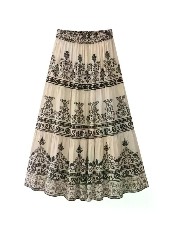 PAHIESA FORMENTERA Pleated Graphic Print Tiered Skirt