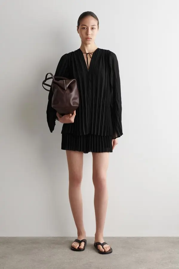 Cos Tie-front Pleated Georgette Blouse - Black