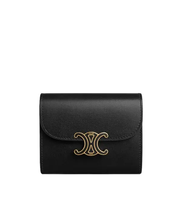 Celine Small Flap Wallet Triomphe In Shiny Calfskin And Enamel - Black