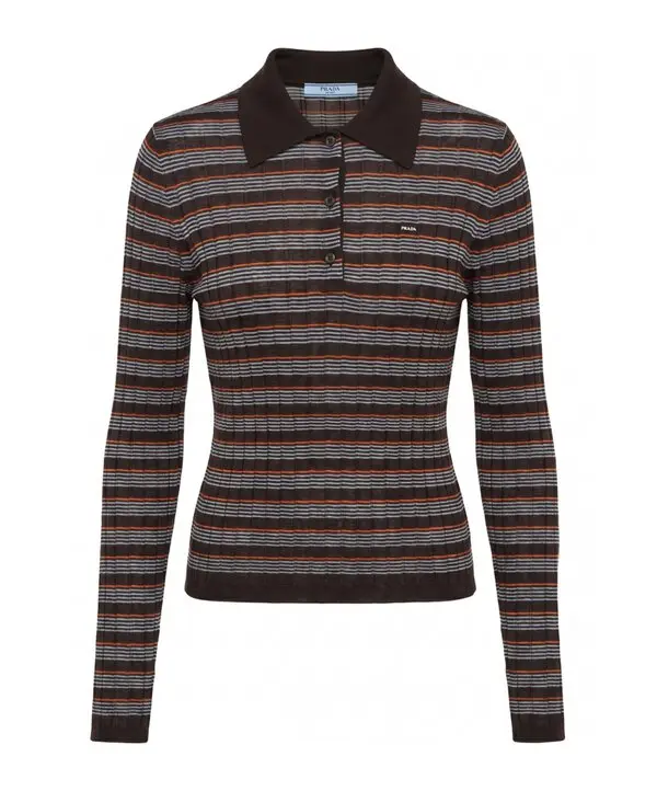 Prada Striped Embroidered Knit Polo Top - Black