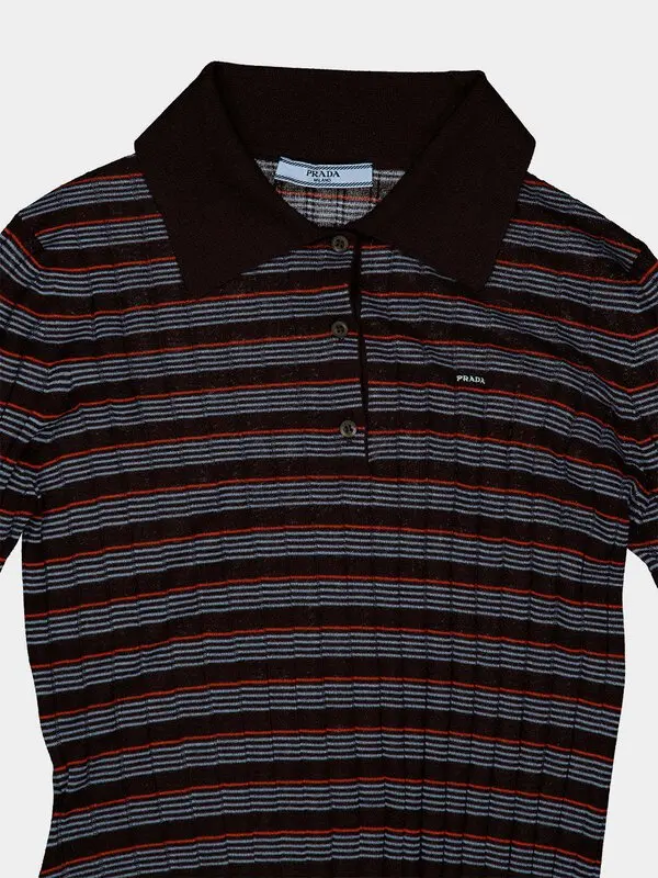 Prada Striped Embroidered Knit Polo Top - Black