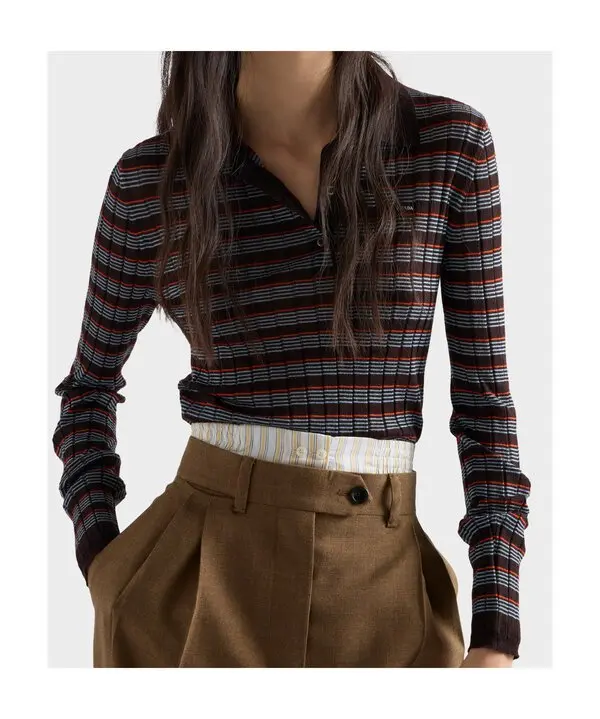 Prada Striped Embroidered Knit Polo Top - Black