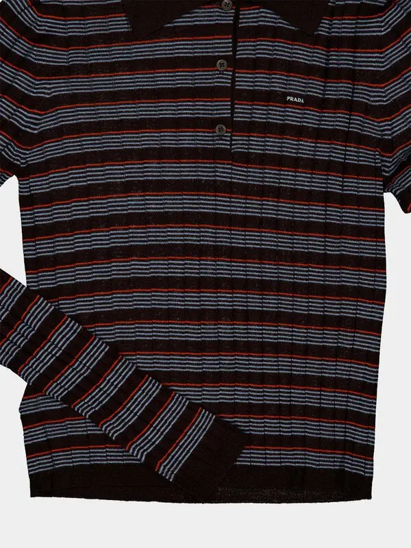 Prada Striped Embroidered Knit Polo Top - Black