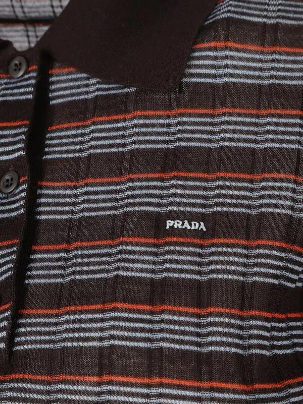 Prada Striped Embroidered Knit Polo Top - Black