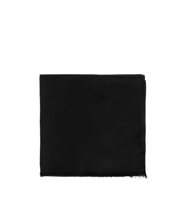 FERRAGAMO Logo Embroidered Fringed Scarf - Black