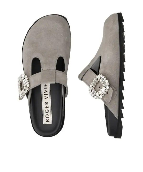 ROGER VIVIER Slidy Viv Embellished Suede Mules - Gray