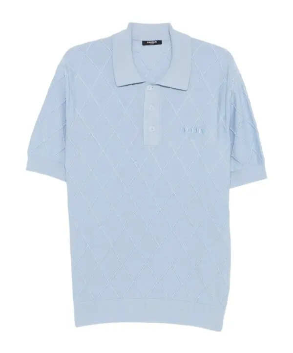 Balmain Diamond-knit Logo-embroidered Polo Shirt - Blue