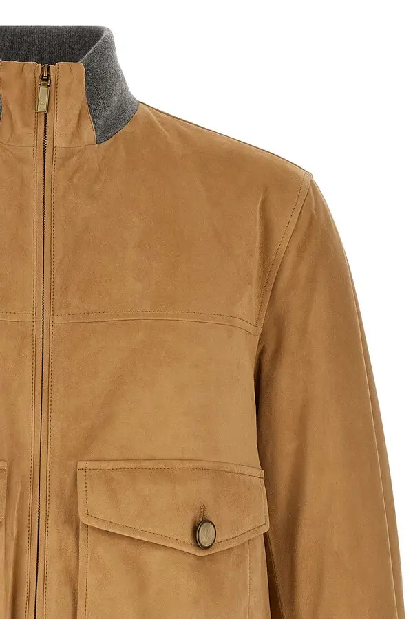 Brunello Cucinelli Suede Bomber Jacket With Ribbed Details - No