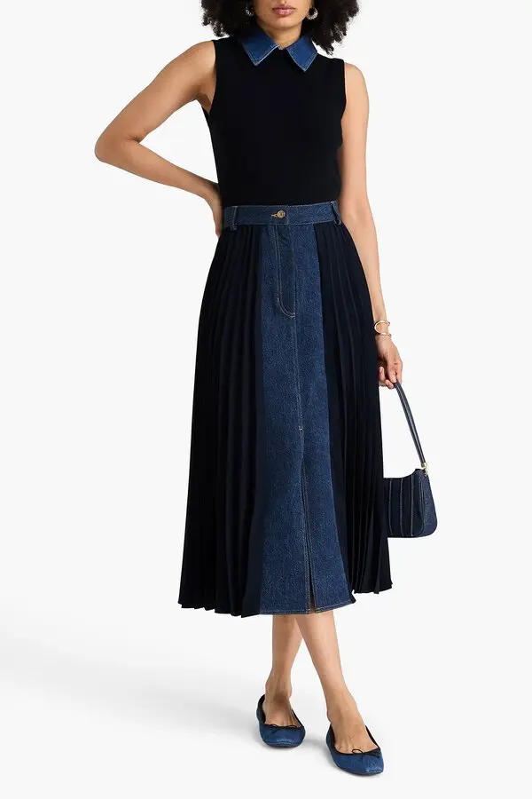 Sandro Denimpaneled Crepe Midi Skirt
