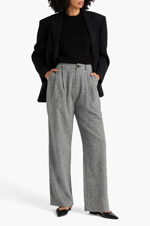ANINE BING Carrie Pleated Woolblend Tweed Wideleg Pants