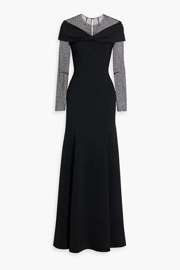 Jenny Packham Etienne Crystalembellished Tullepaneled Crepe Gown - Black