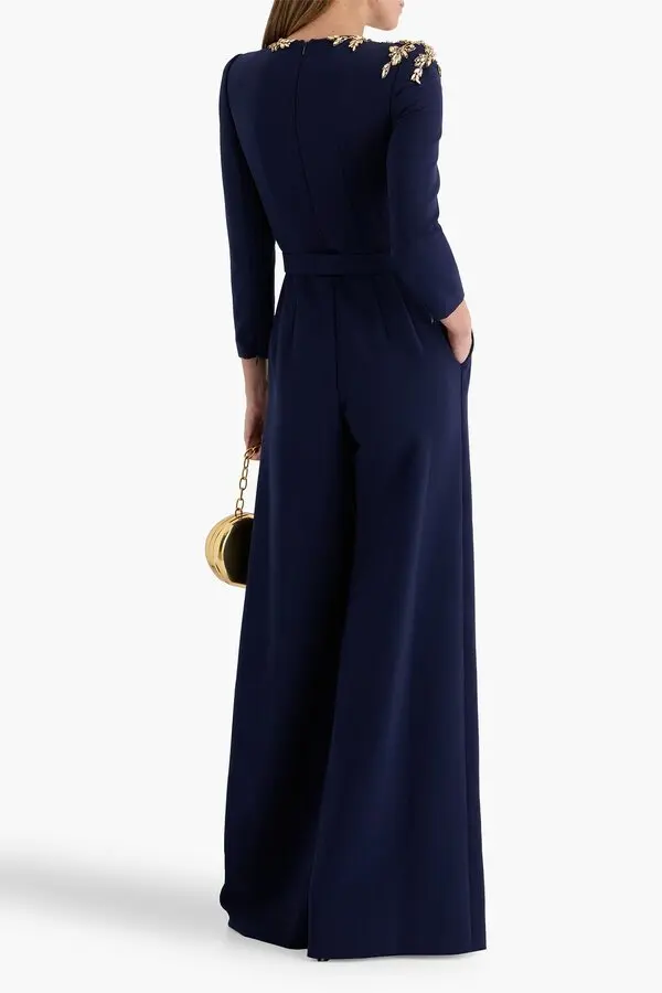 Jenny Packham Embellished Crepe Wideleg Jumpsuit