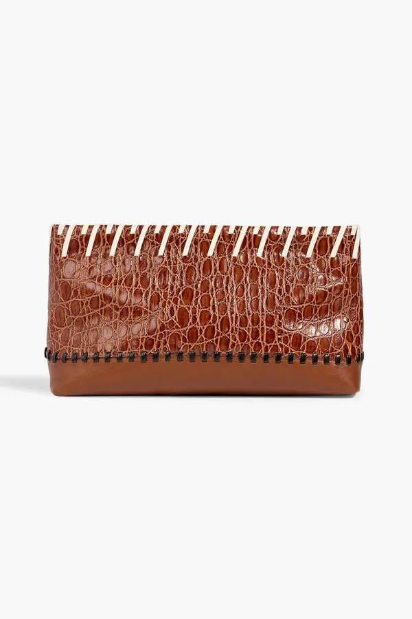 Dries Van Noten Whipstitched Croceffect Leather Clutch - Tan