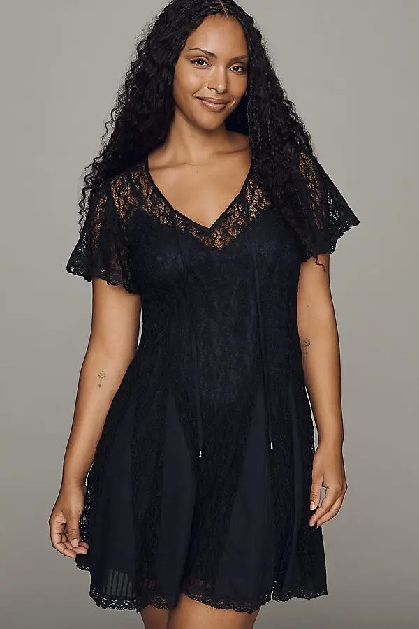 Anthropologie Lace Godet Mini Dress - Black