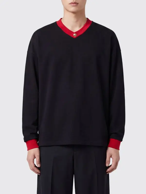Versace Long-sleeved V-neck Cotton T-shirt With Contrast Trims - Black